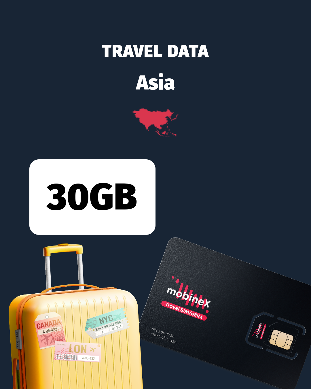 30 GB data - 30 days - Asia, Physical SIM | MobineX